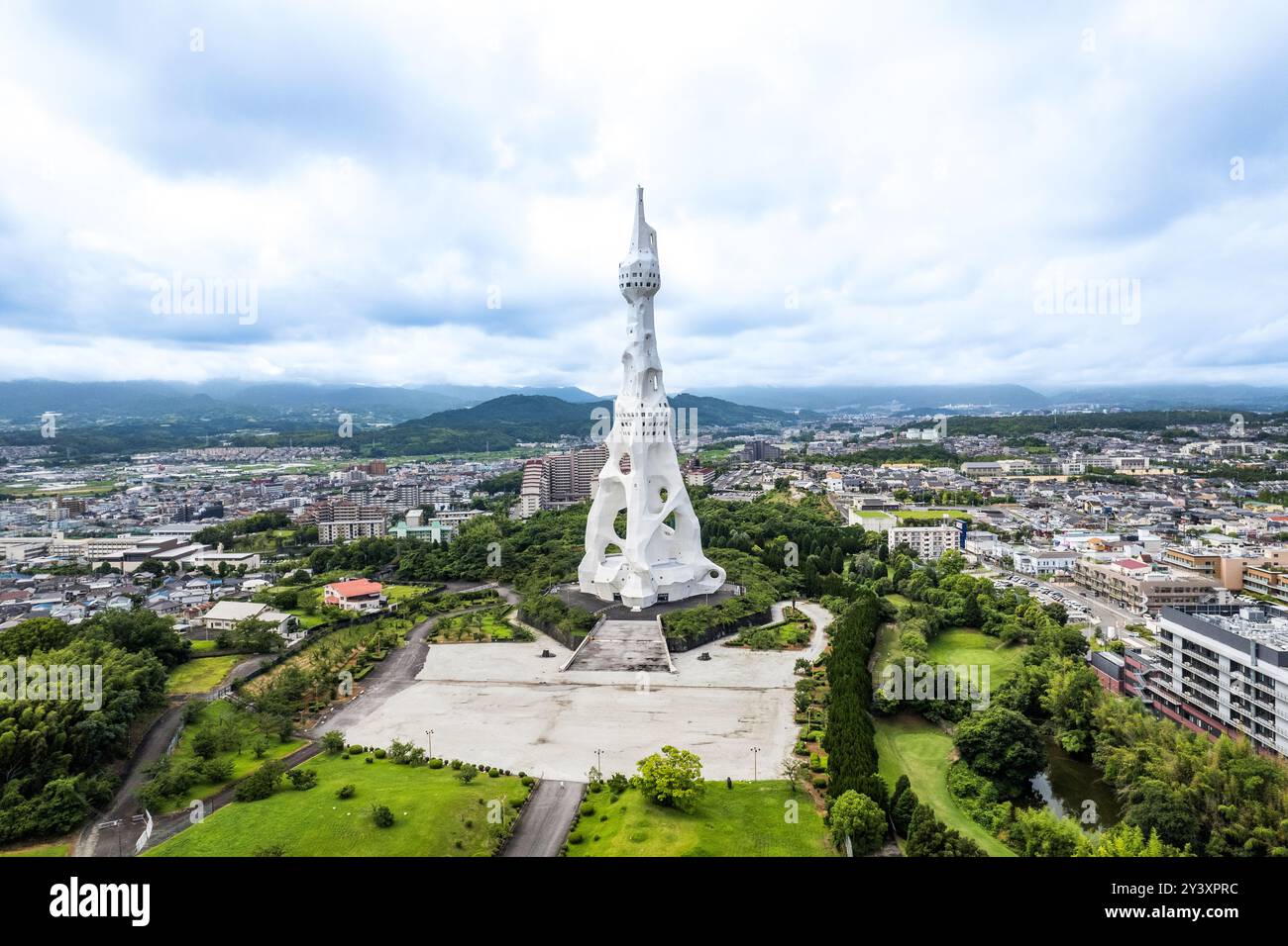 Aerial view of The Great Peace Prayer Tower or PL Peace Tower, in Osaka ...