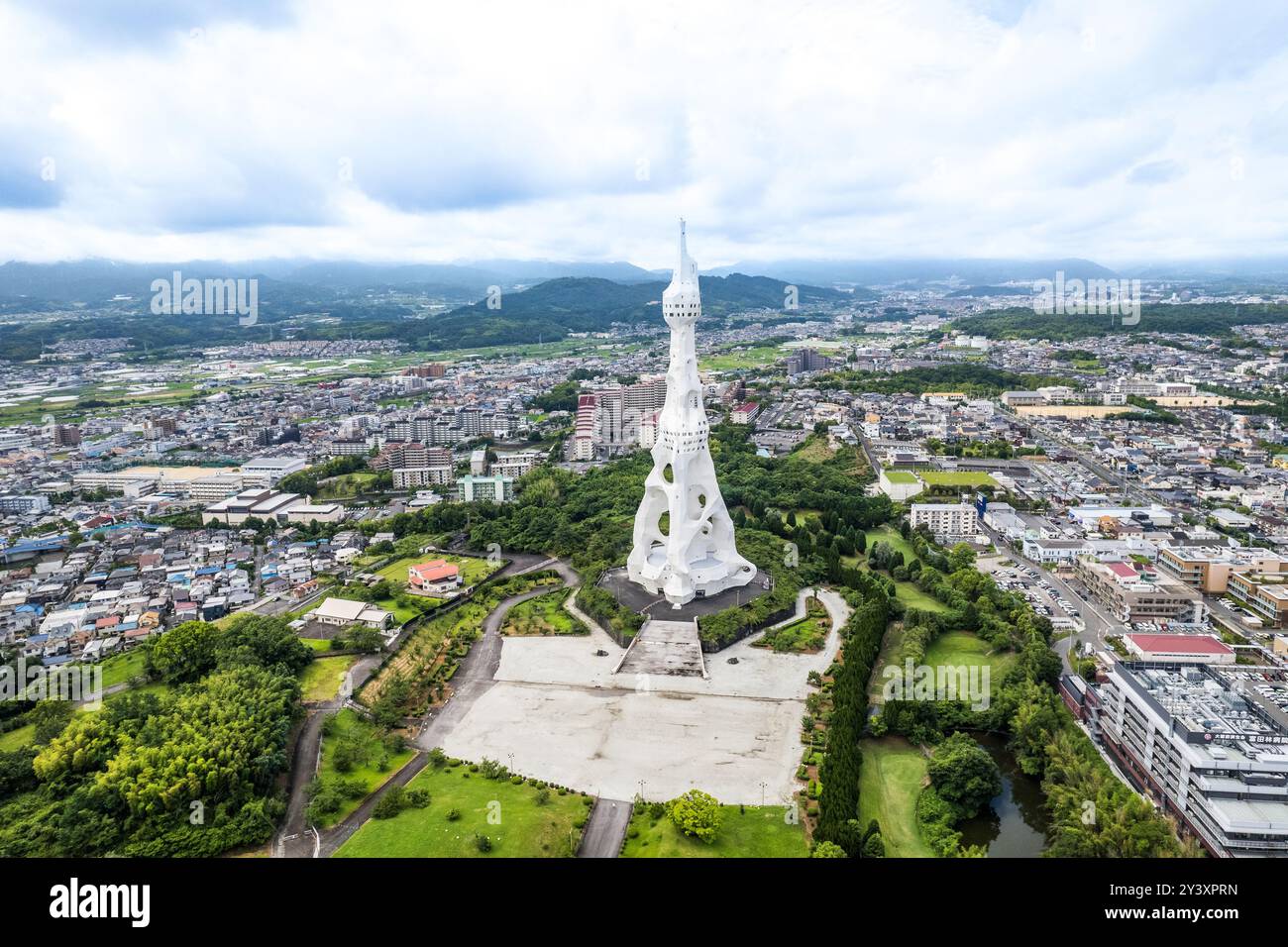 Aerial view of The Great Peace Prayer Tower or PL Peace Tower, in Osaka ...