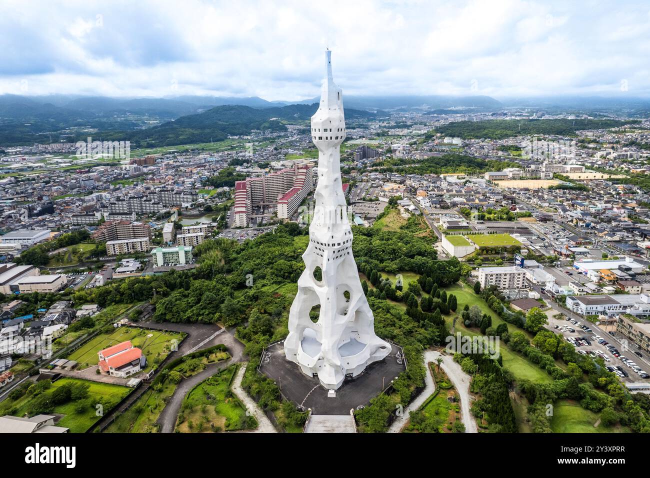 Aerial view of The Great Peace Prayer Tower or PL Peace Tower, in Osaka ...
