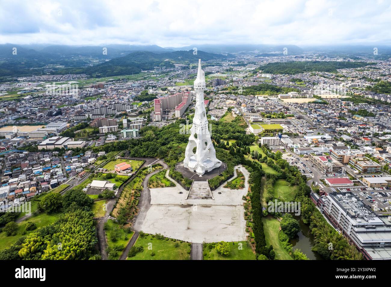 Aerial view of The Great Peace Prayer Tower or PL Peace Tower, in Osaka ...