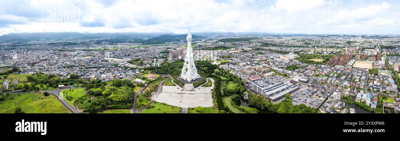 Aerial view of The Great Peace Prayer Tower or PL Peace Tower, in Osaka ...