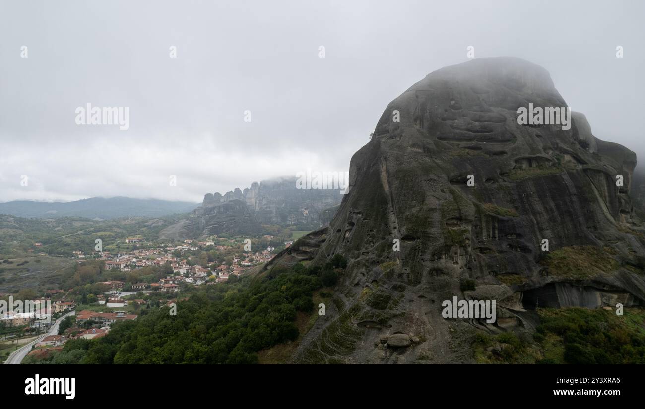 Drone aerial of meteora rocky formation and kalabaka town, Thesally ...