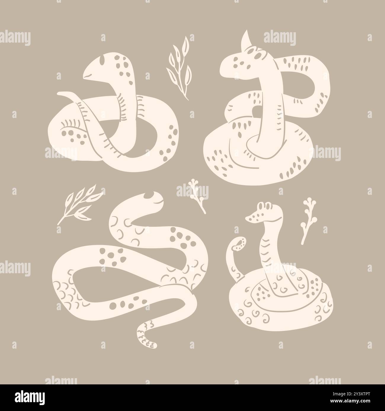 Neutral-toned card design with various snakes. Vector hand drawn flat ...