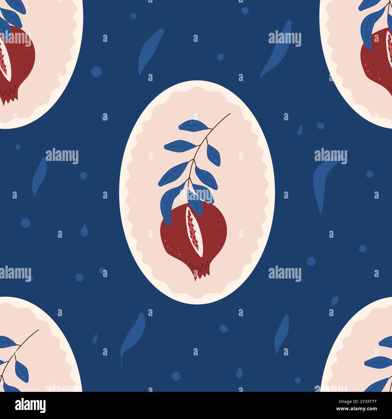 Pomegranates seamless pattern. Pink and blue oval emblem repeat ...