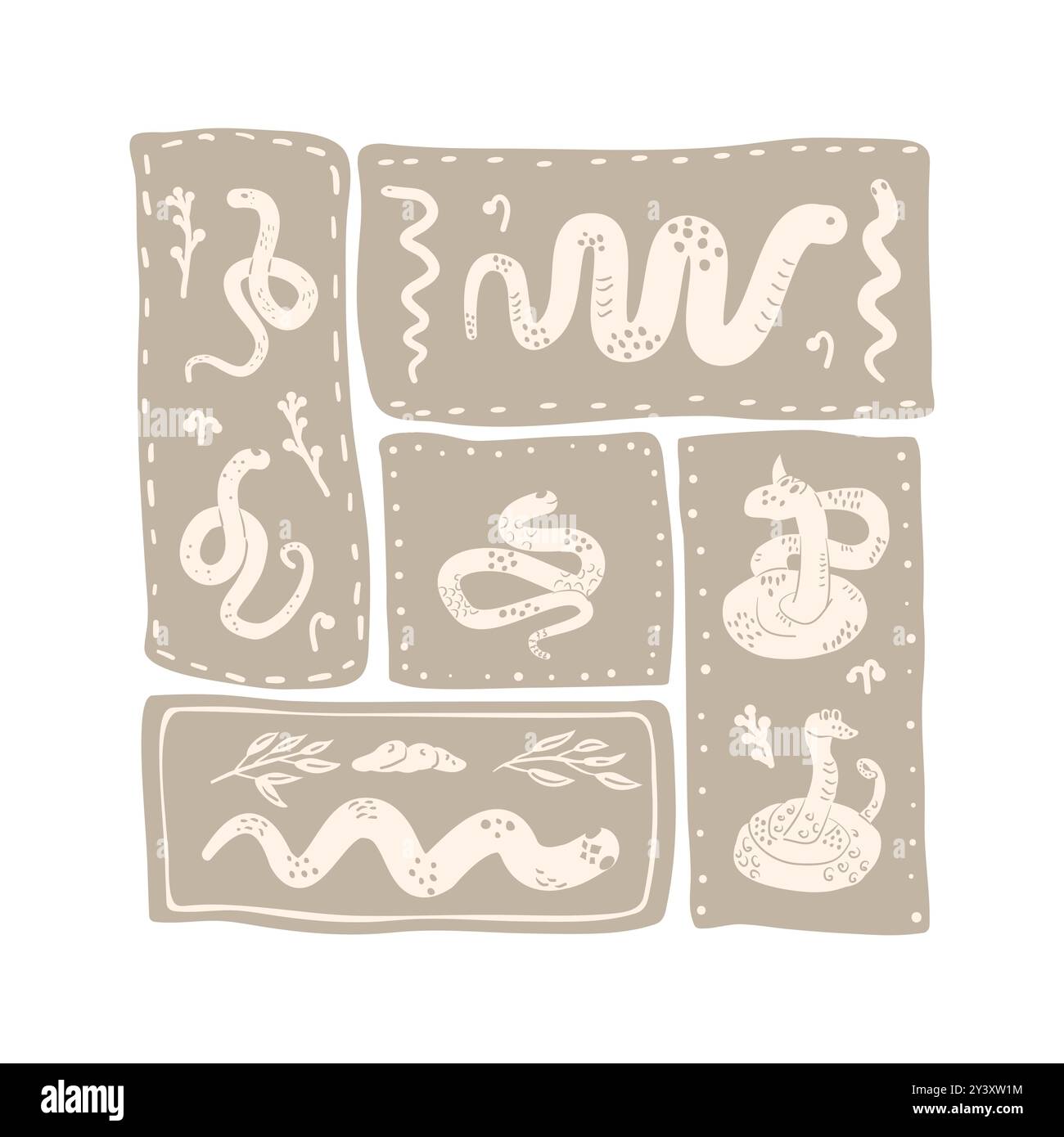 Neutral-toned patchwork design featuring various snakes elements arranged in rectangular ...