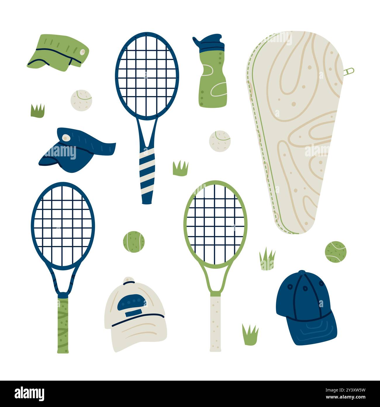 Tennis equipment with rackets and accessories. Vector flat collection ...