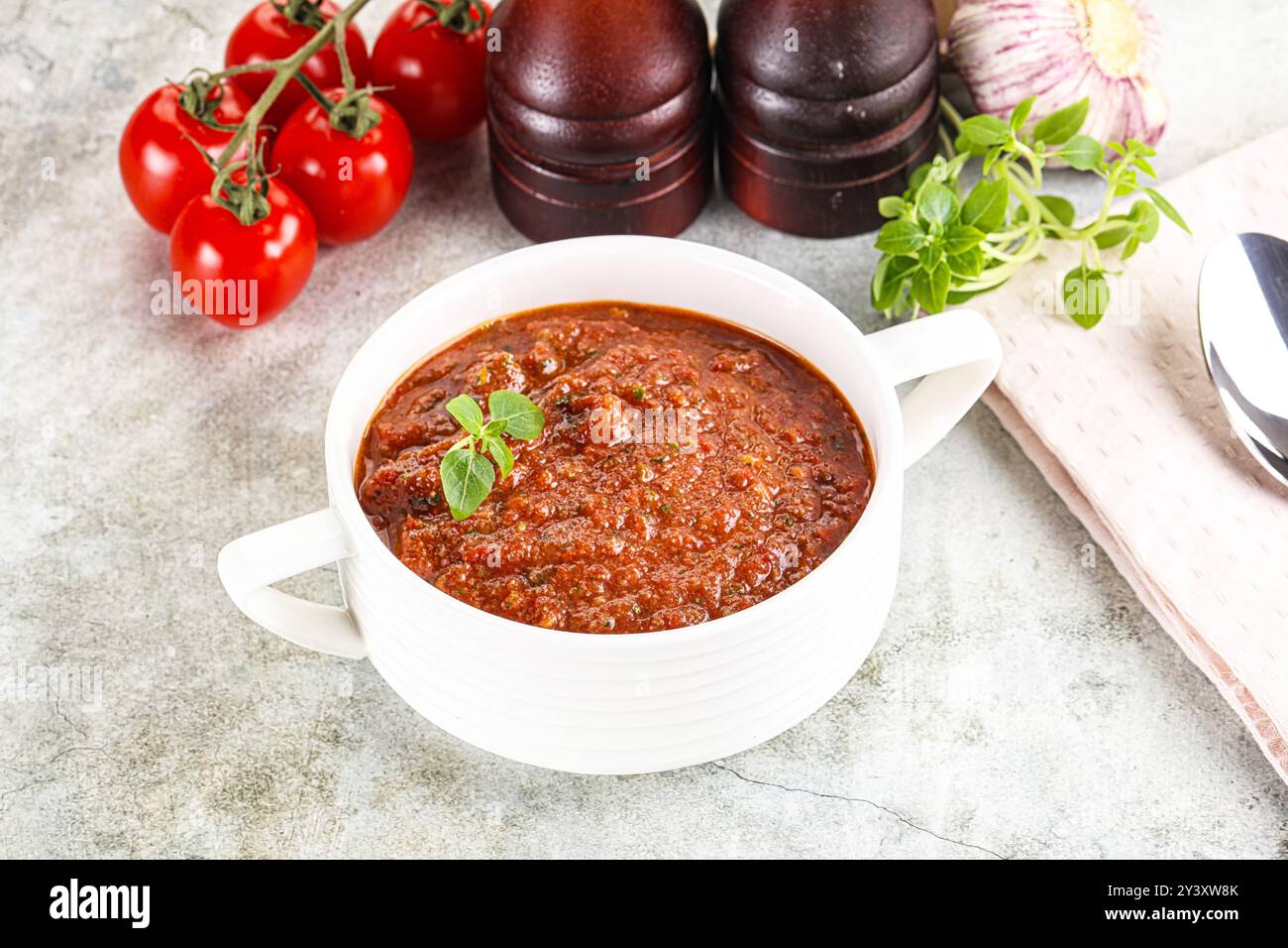 Spanish traditional gazpacho tomato soup served basil Stock Photo - Alamy