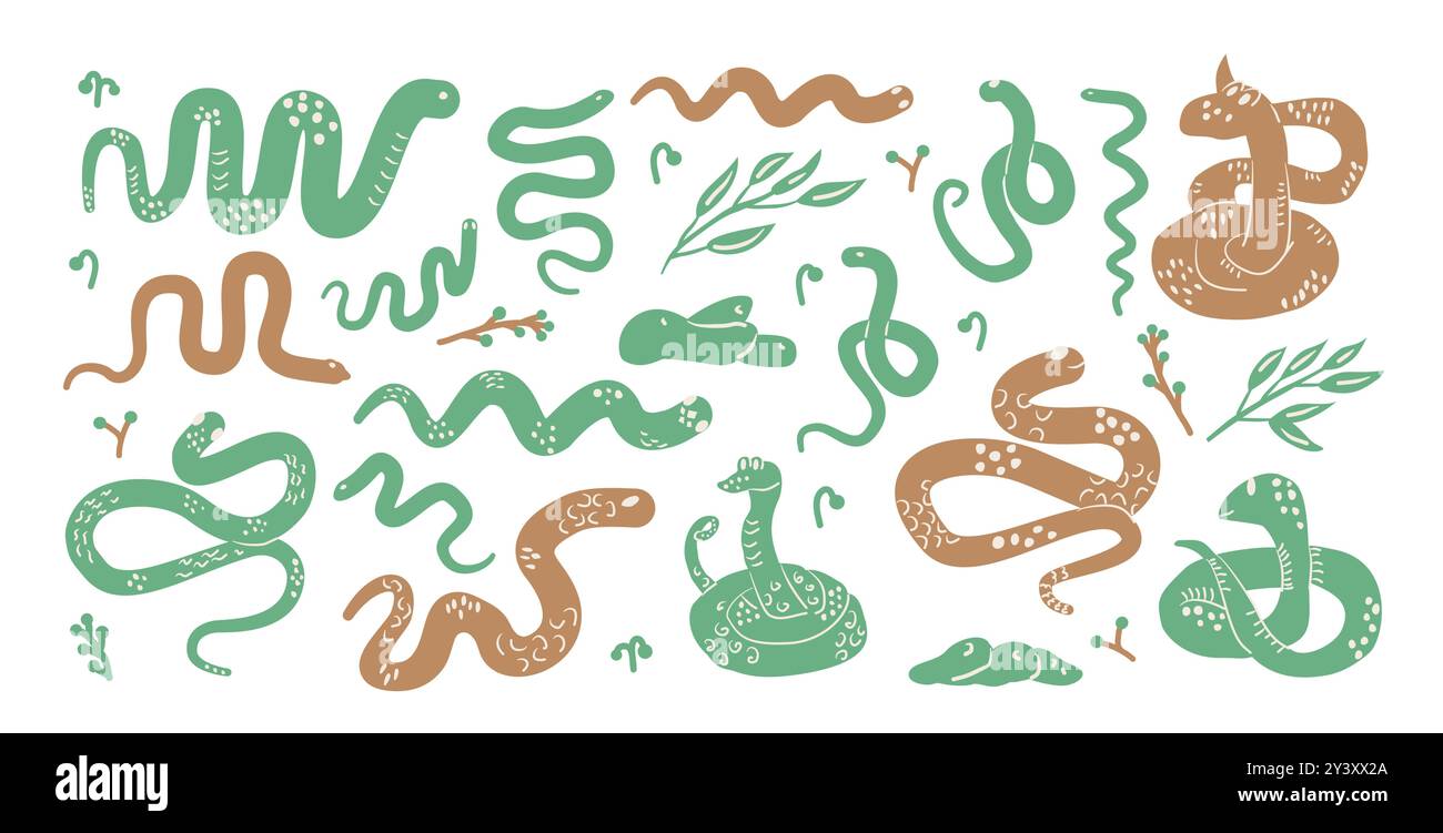 Set of snakes. Crawling reptile kit. Vector hand drawn flat collection ...
