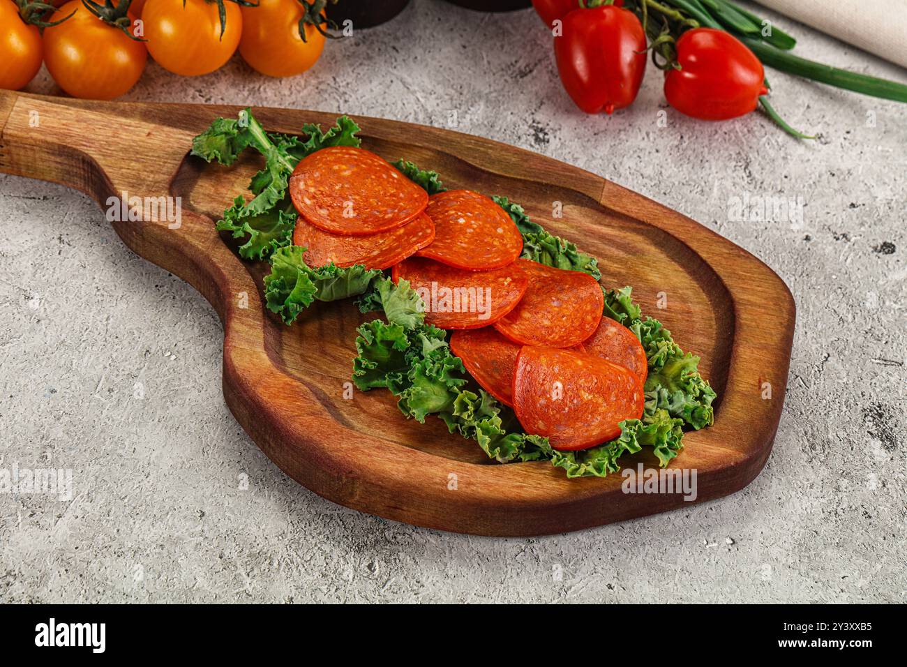Spanish salami cured chorizo sausage slices Stock Photo - Alamy