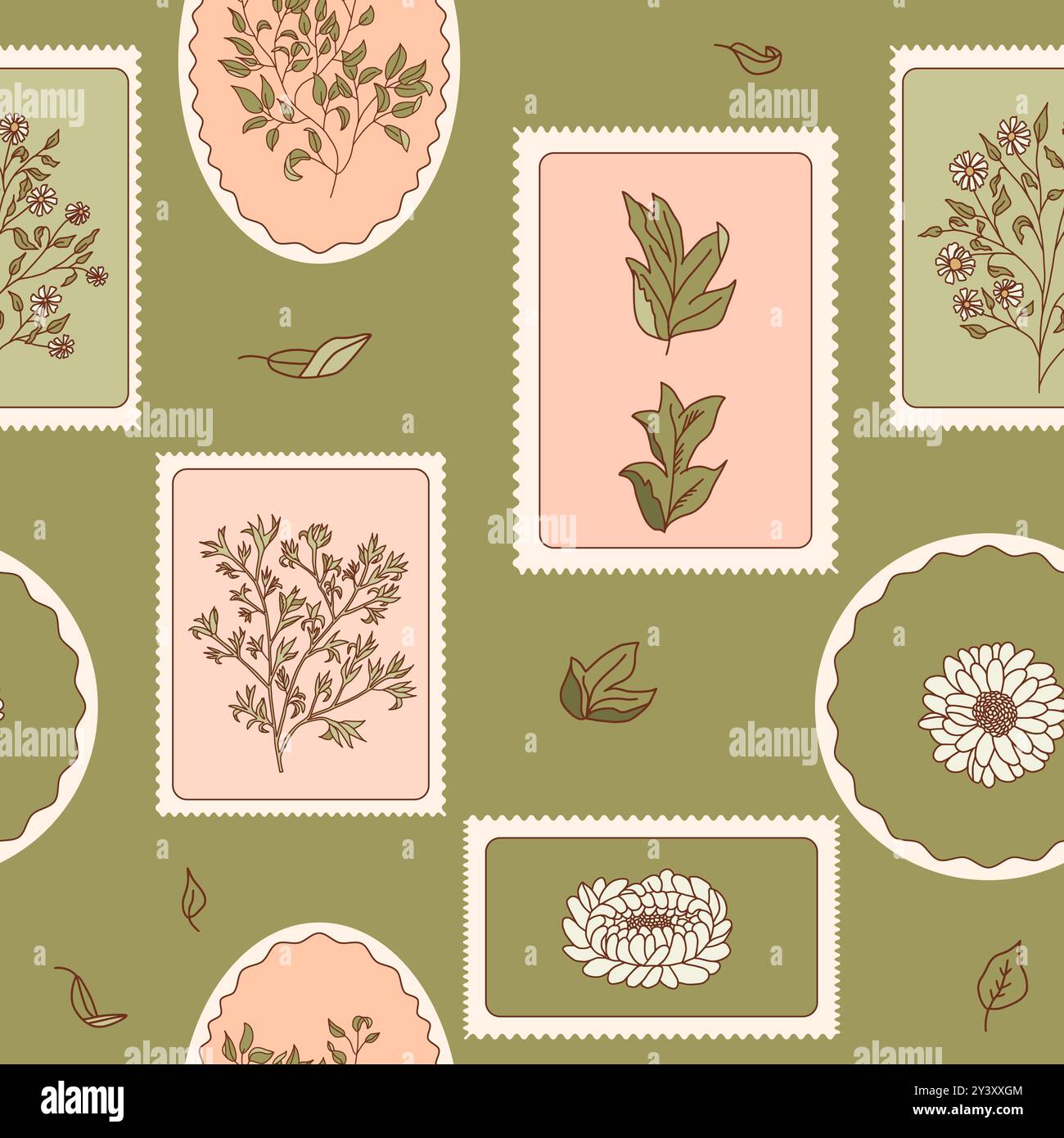 Vintage floral stamp seamless pattern with botanical illustrations ...