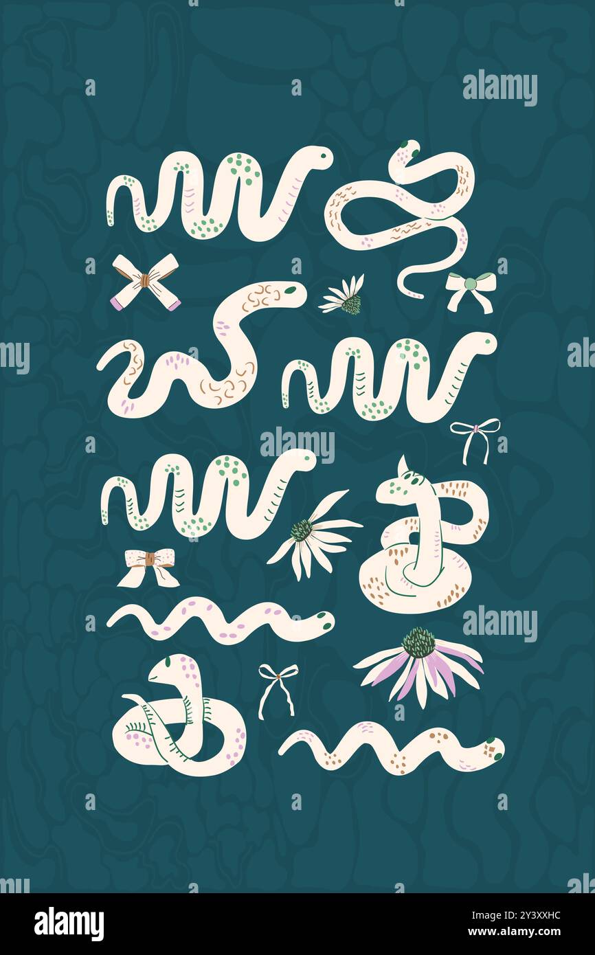 Snakes poster. Reptile animals with florals and bows background. Dark ...