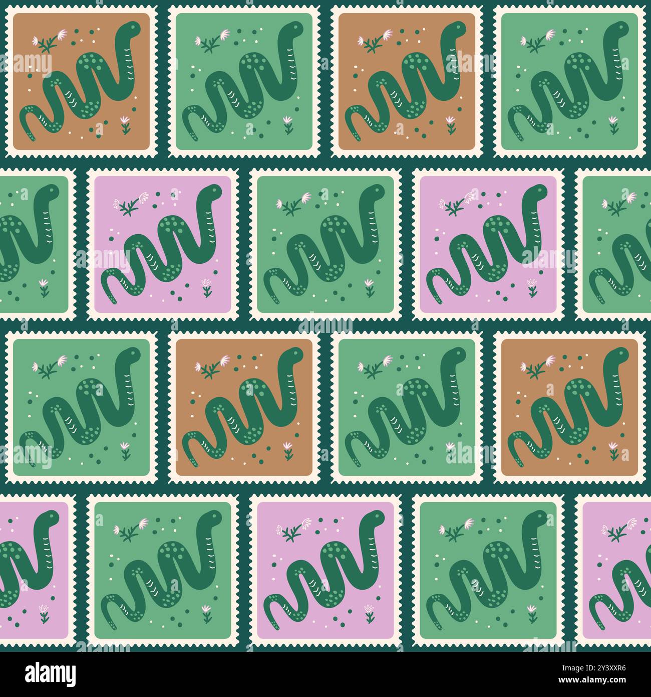 Snakes patchwork seamless pattern. Reptiles post stamps repeat ...