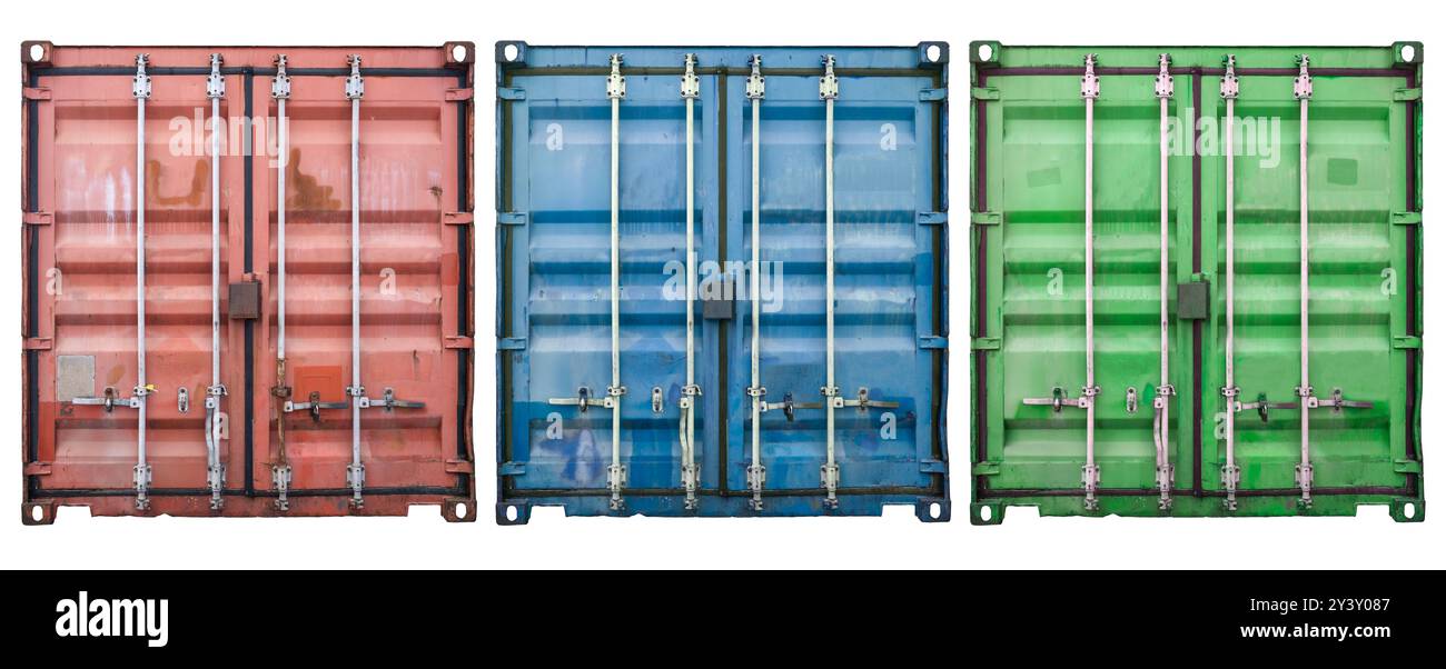 Three Colourful Isolated Shipping Containers Stock Photo - Alamy