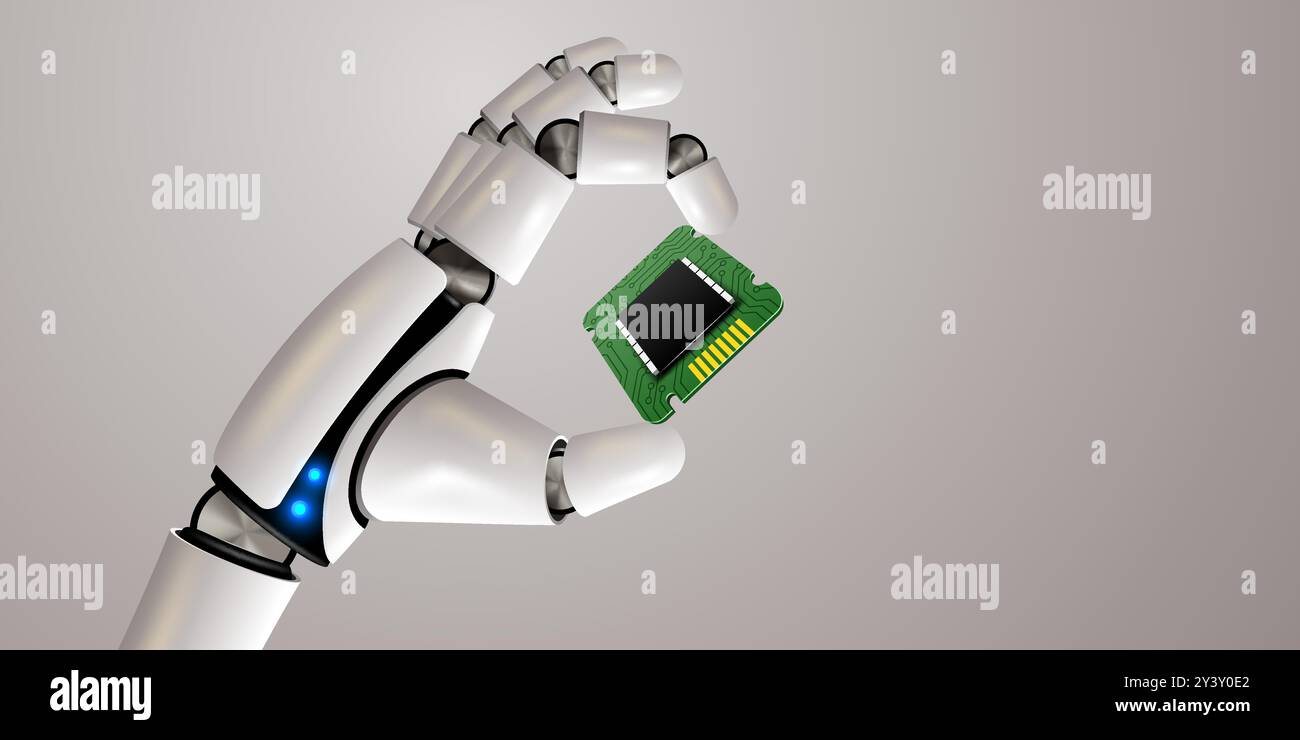 Robot hand holding processor. Technology, machine learning, neural ...
