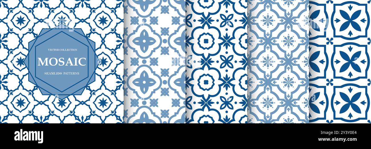 Collection of blue seamless geometric mosaic patterns - trendy tile ...