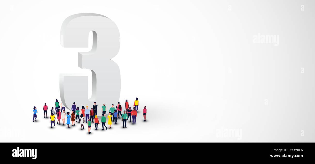 Large group of people stands around the number 3. Vector illustration ...