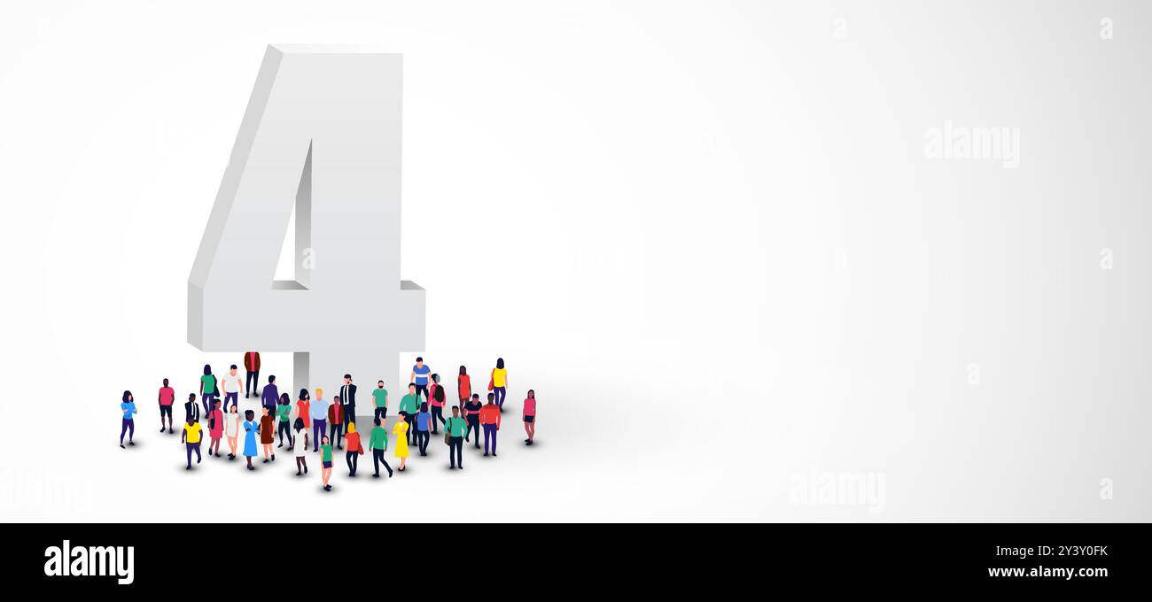 Large group of people stands around the number 4. Vector illustration ...