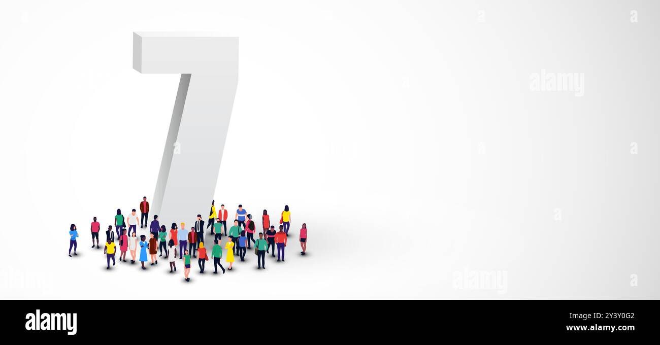 Large group of people stands around the number 7. Vector illustration ...