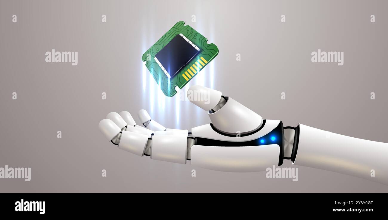 Robot hand holding processor. Technology, machine learning, neural network, Artificial ...