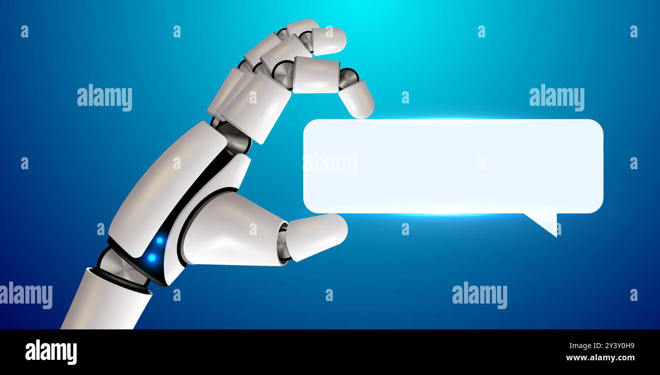 Robot hand holding chat bubble. Chat bot. Technology, machine learning ...