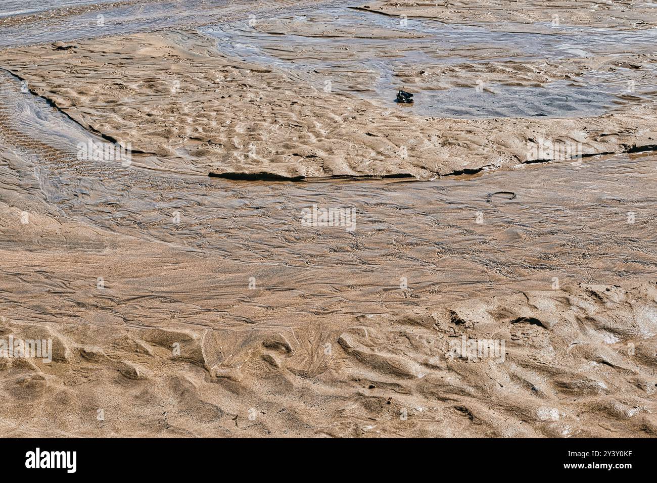 A close-up view of wet sand with intricate patterns created by water ...