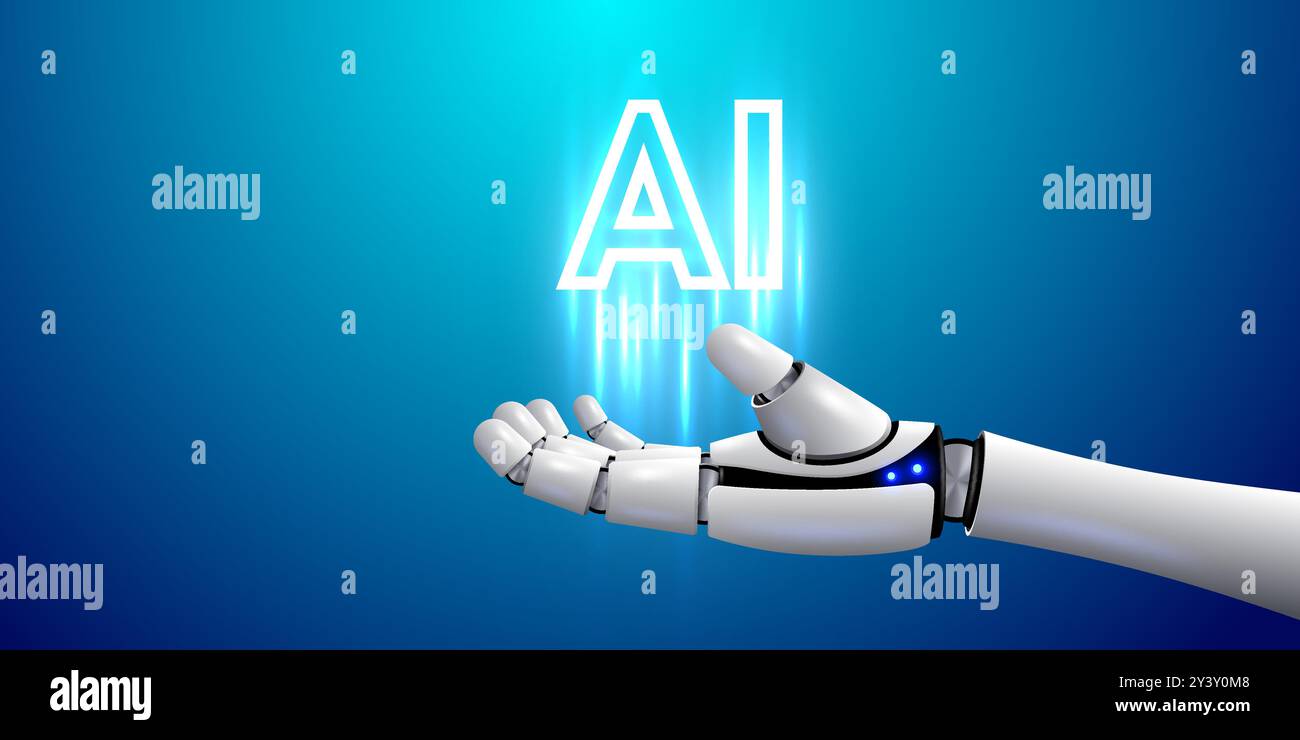 Robot hand holding the word AI. Technology, machine learning, neural ...