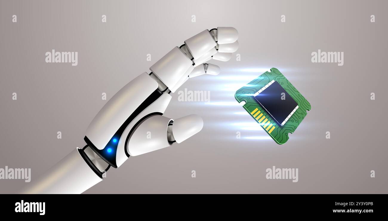 Robot hand holding processor. Technology, machine learning, neural network, Artificial ...