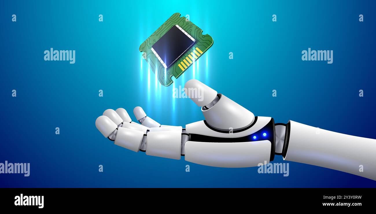 Robot hand holding processor. Technology, machine learning, neural network, Artificial ...