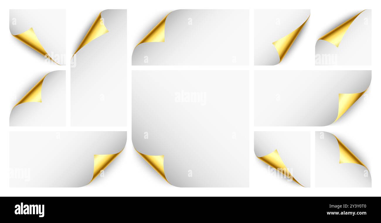 Realistic golden curled page corner set. Greeting card design element ...