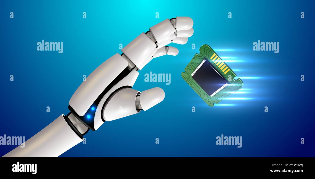 Robot hand holding processor. Technology, machine learning, neural ...