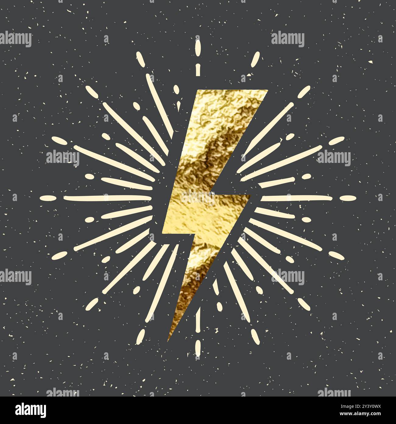 Vintage golden lightning bolt and sun rays. Gold foil texture ...