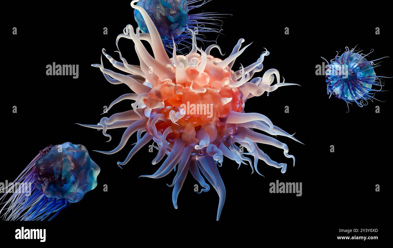 Peritrichous Bacteria with lot of flagellum, harmful bacillus with long tails, prokaryote ...