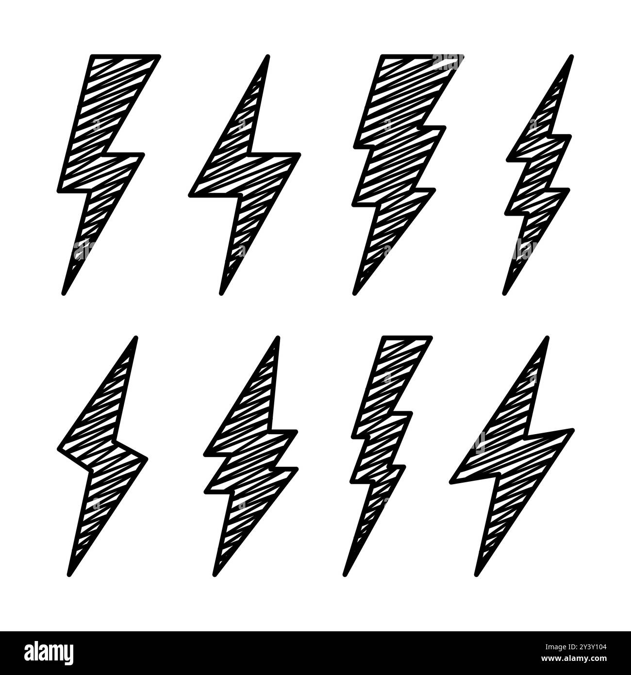 Hatched lightning bolt icons collection. Hand drawn flash symbol ...