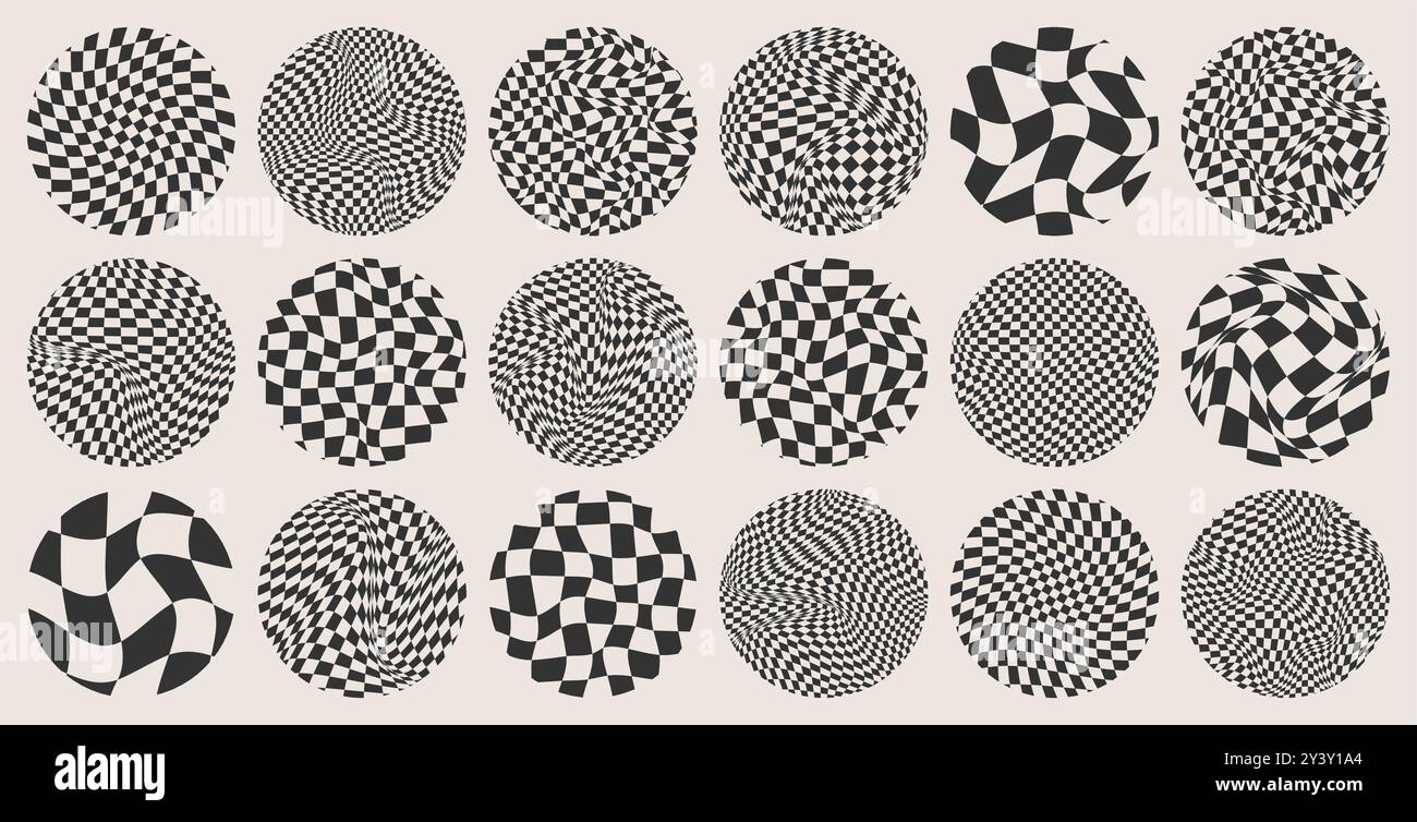 Trendy round checkered pattern, distorted tiled grid. Wavy curved ...