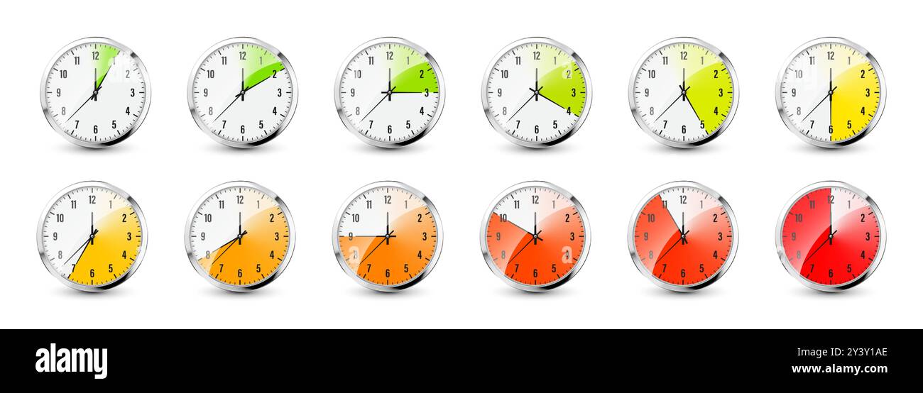 Wall clock, stopwatch icons. Shiny metal chronometer, time counter with ...