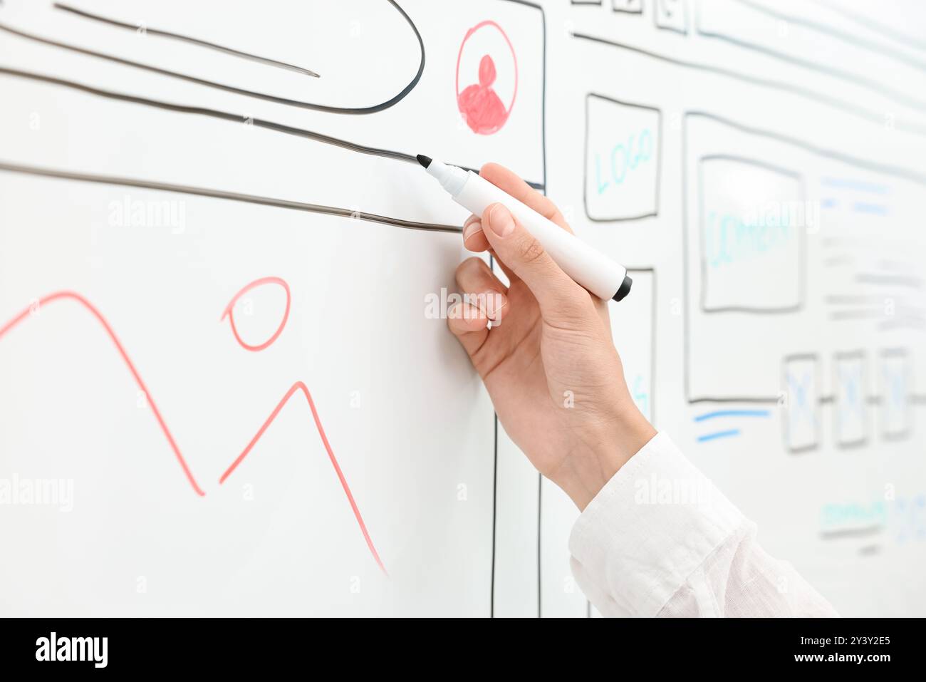 Developing UI design. Woman drawing website wireframe on whiteboard ...