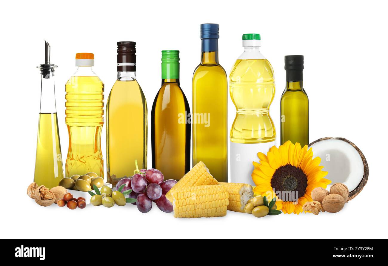Vegetable fats. Set of different oils and ingredients isolated on white ...
