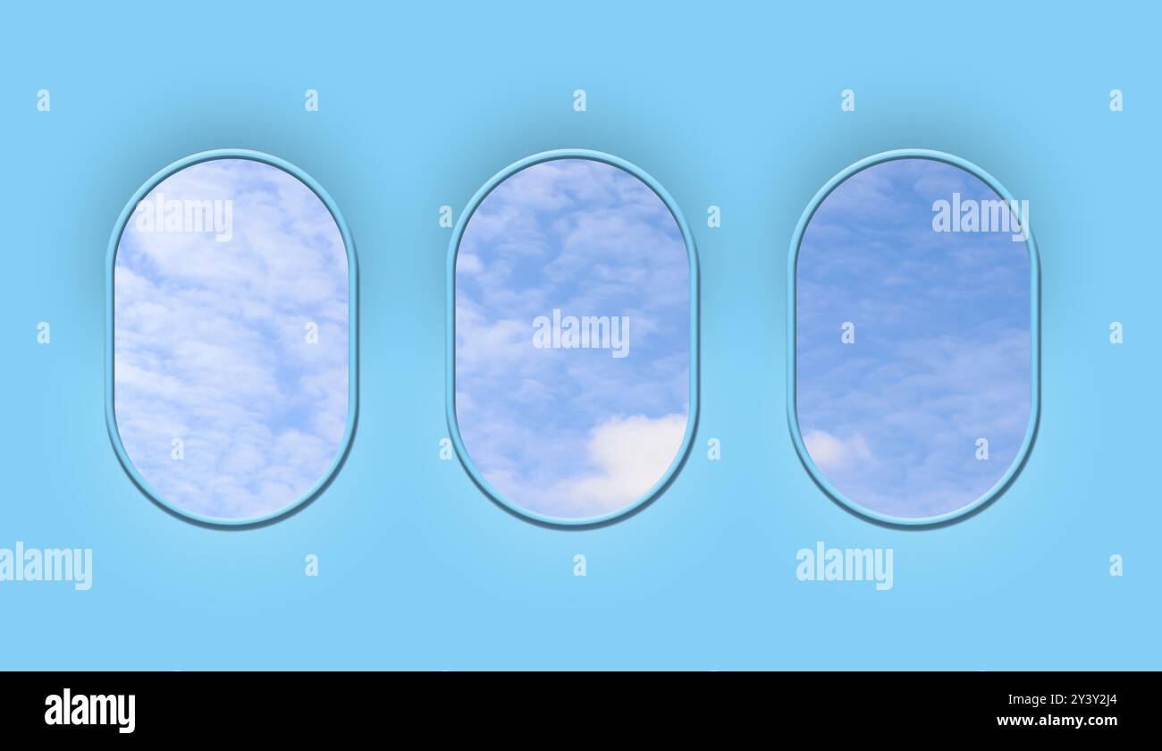 Beautiful sky with clouds, view through airplane windows in light blue ...