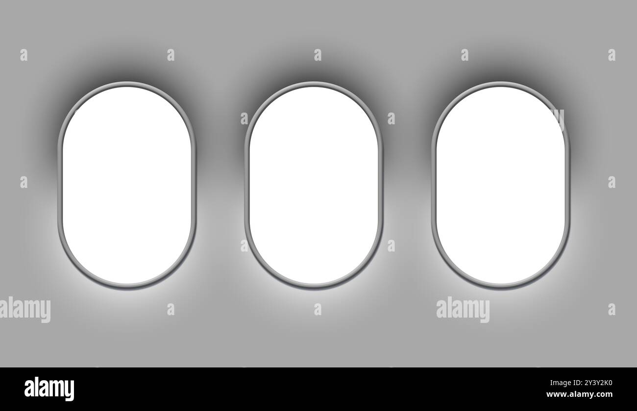 Airplane windows, view from inside cabin with grey sidewall Stock Photo ...