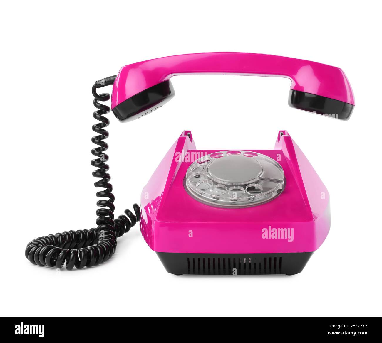 Old magenta color telephone with rotary dial isolated on white Stock ...