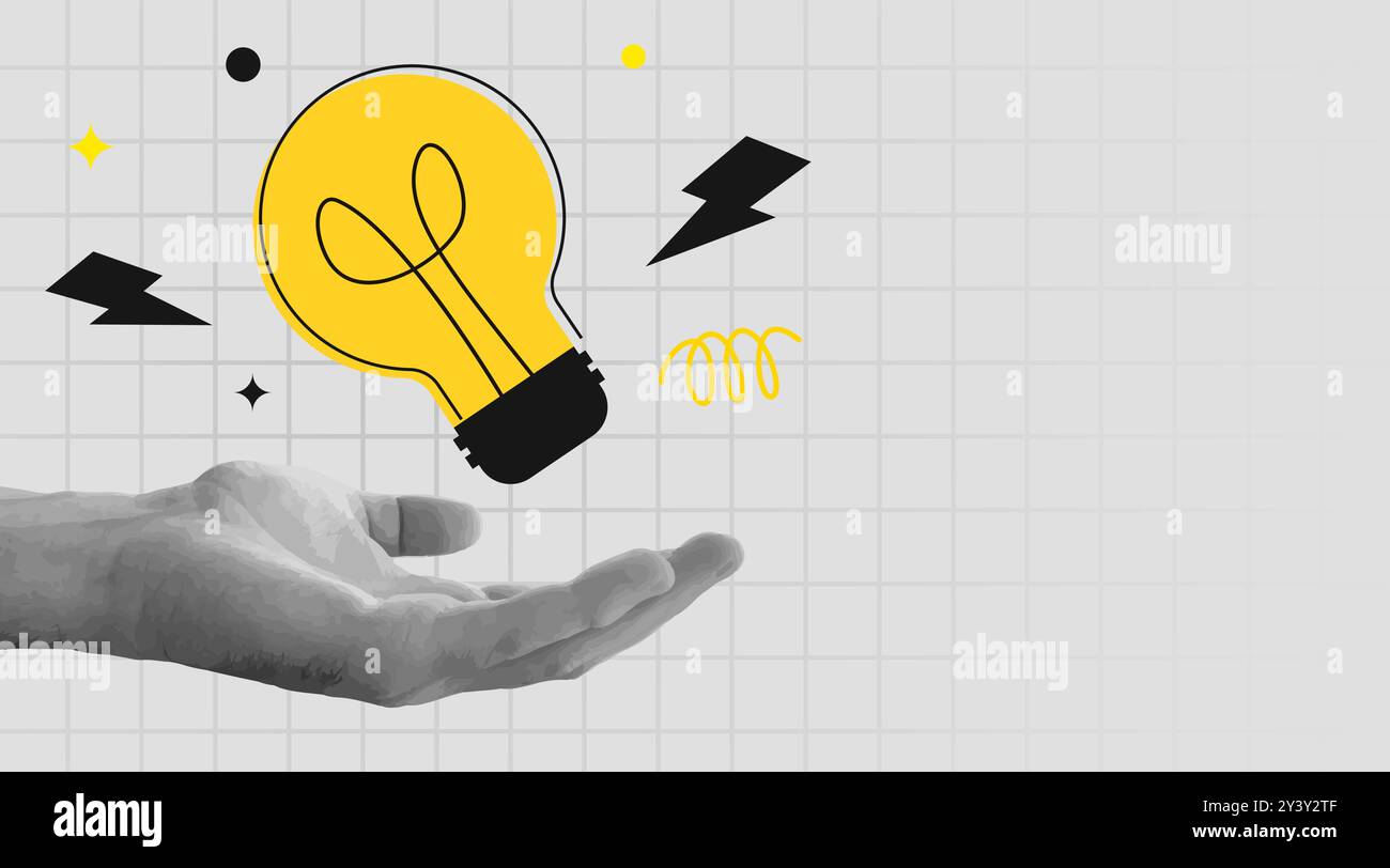 Retro collage. Hand hold light bulb. Brainstorm or idea concept. Vector ...