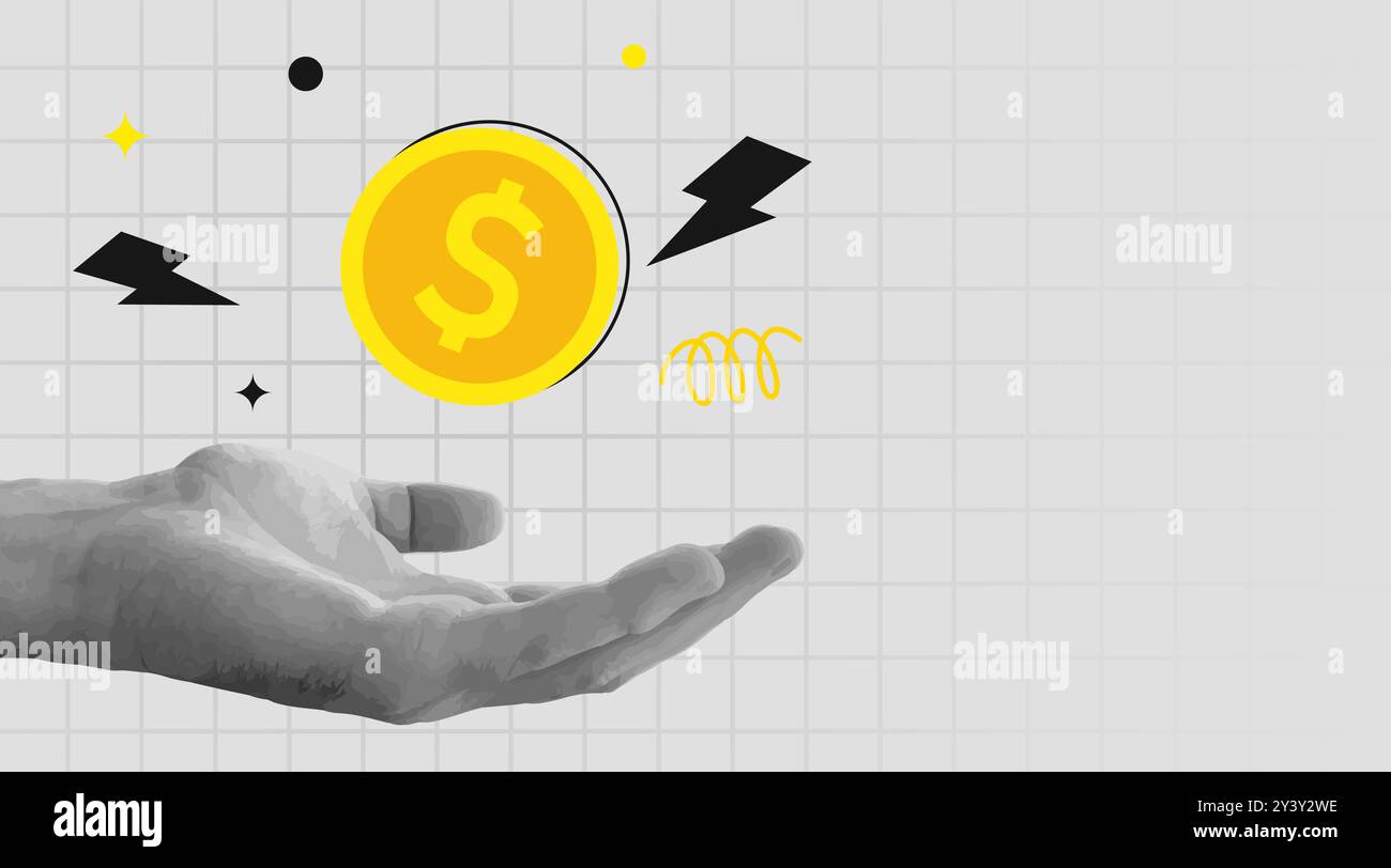 Retro collage. Hand hold money. Income or investment concept. Vector ...