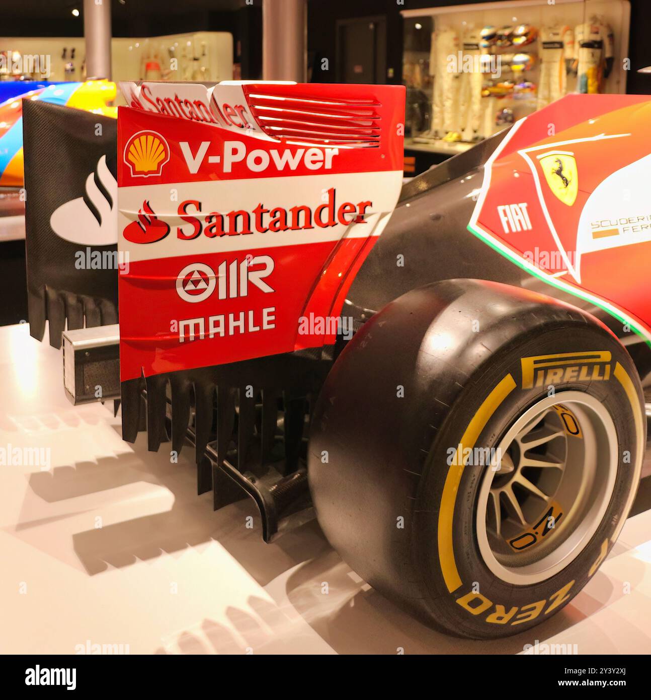 Close up of the end plate of the rear wing and Pirelli tyre shod rear ...