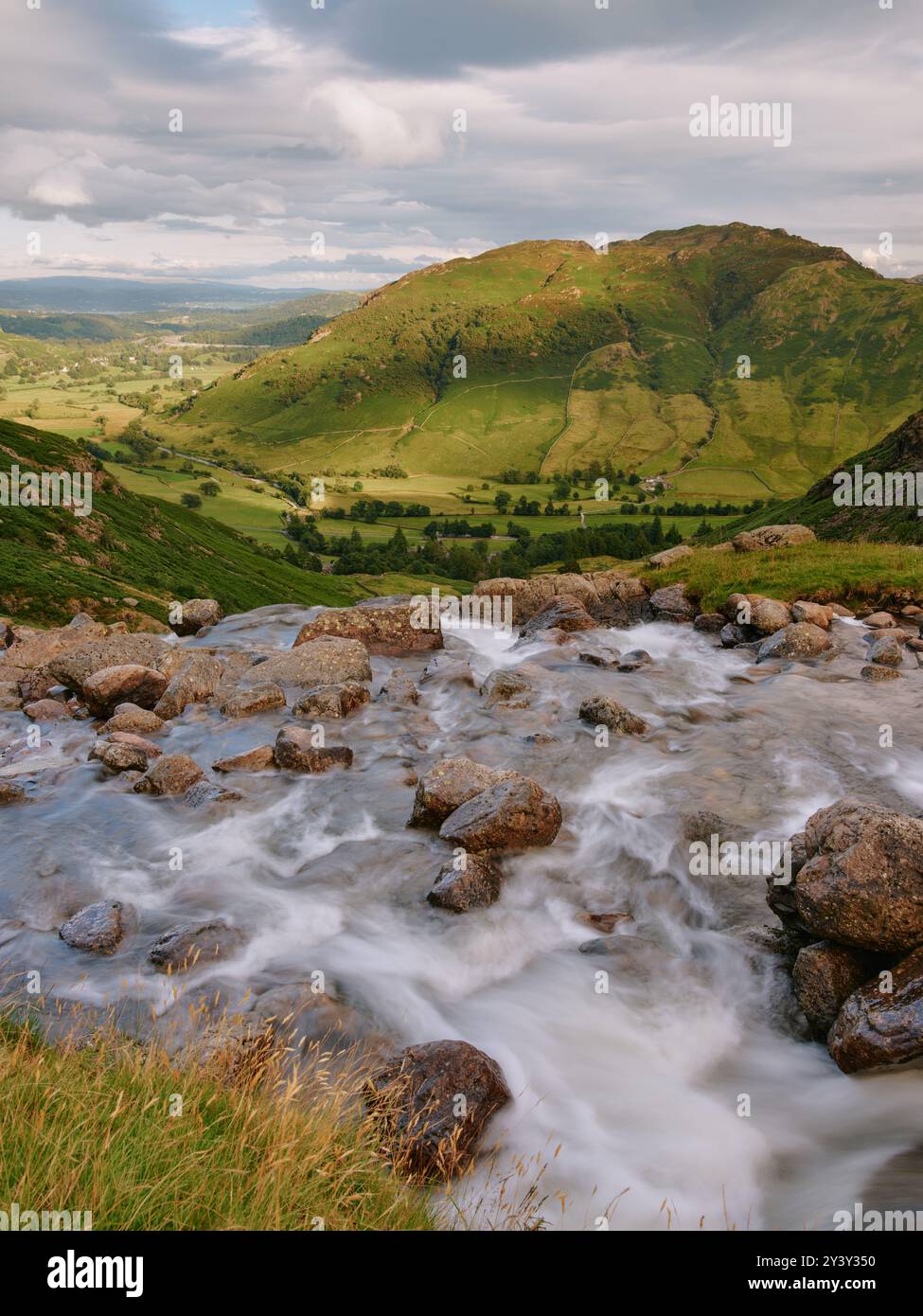 Stickle Ghyll on the Stickle Tarn trail and view of the Great Langdale ...
