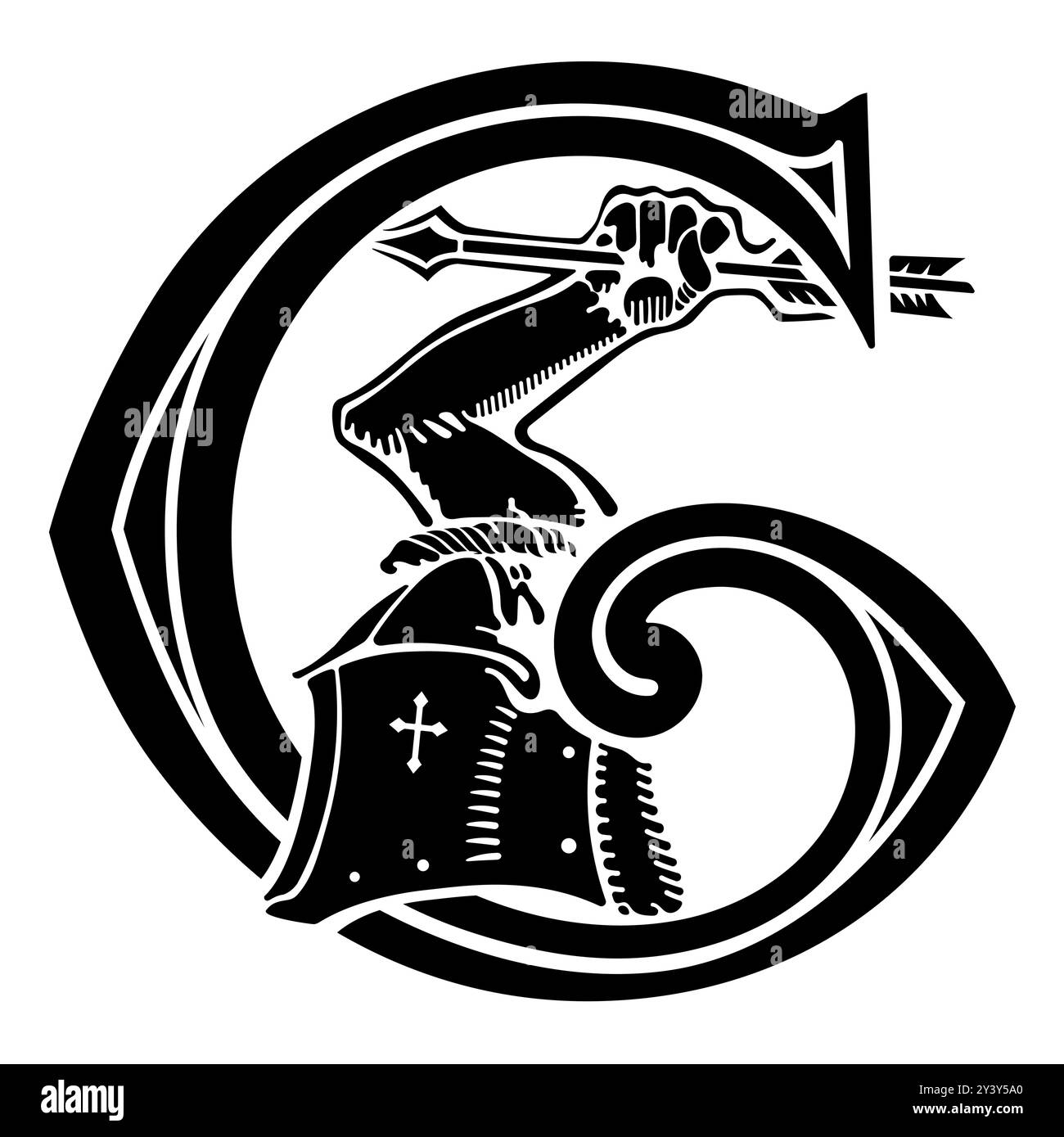 Medieval style design. Letter G painted in vintage retro style, knights ...