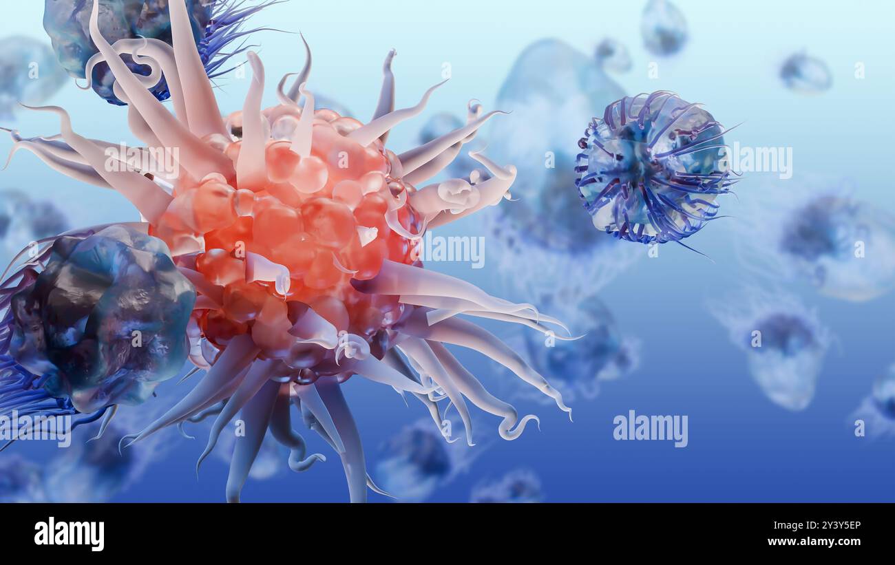 Peritrichous Bacteria with lot of flagellum, harmful bacillus with long tails, prokaryote ...