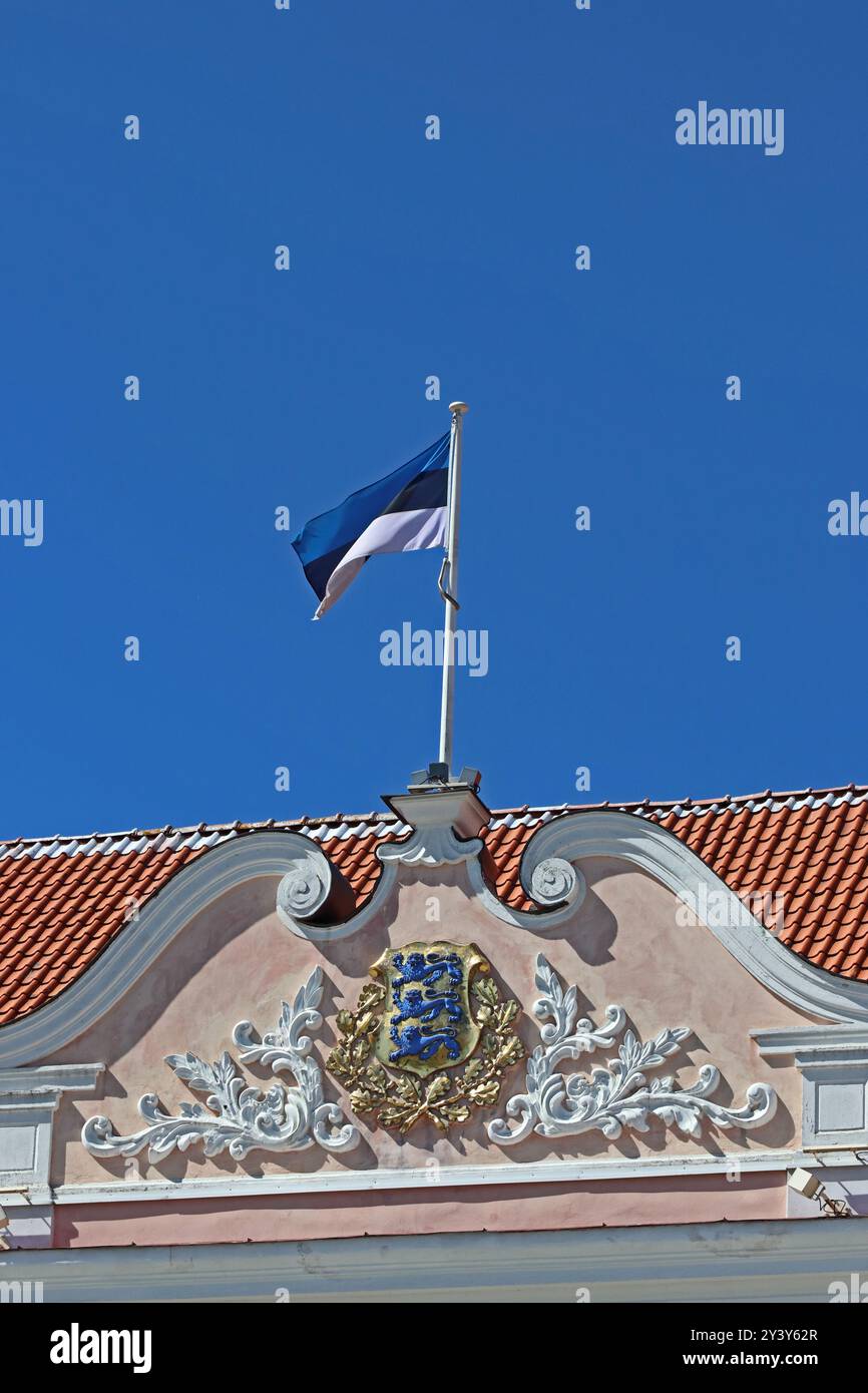 Estonian national flag flying over Parliament Building, Tallinn Stock ...
