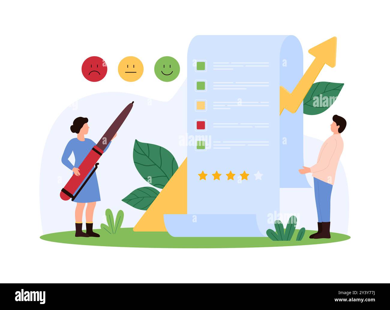 Customer feedback, report of clients satisfaction survey. Tiny people ...