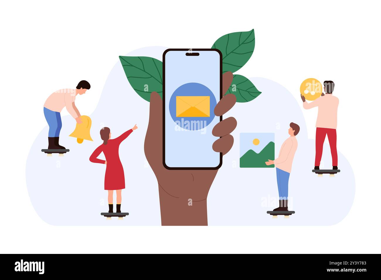 Notification of new message, email and SMS in mobile app. Giant hand ...