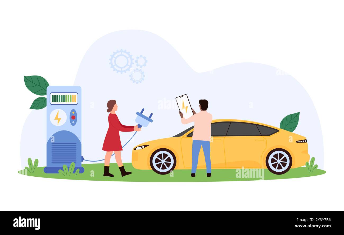 Electric car charge in parking lot of EV charger station, eco city ...